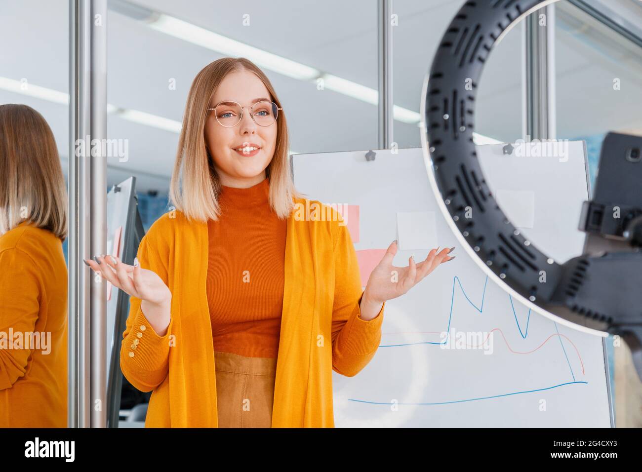 Online teacher records video lessons. Manager do presentation during ...