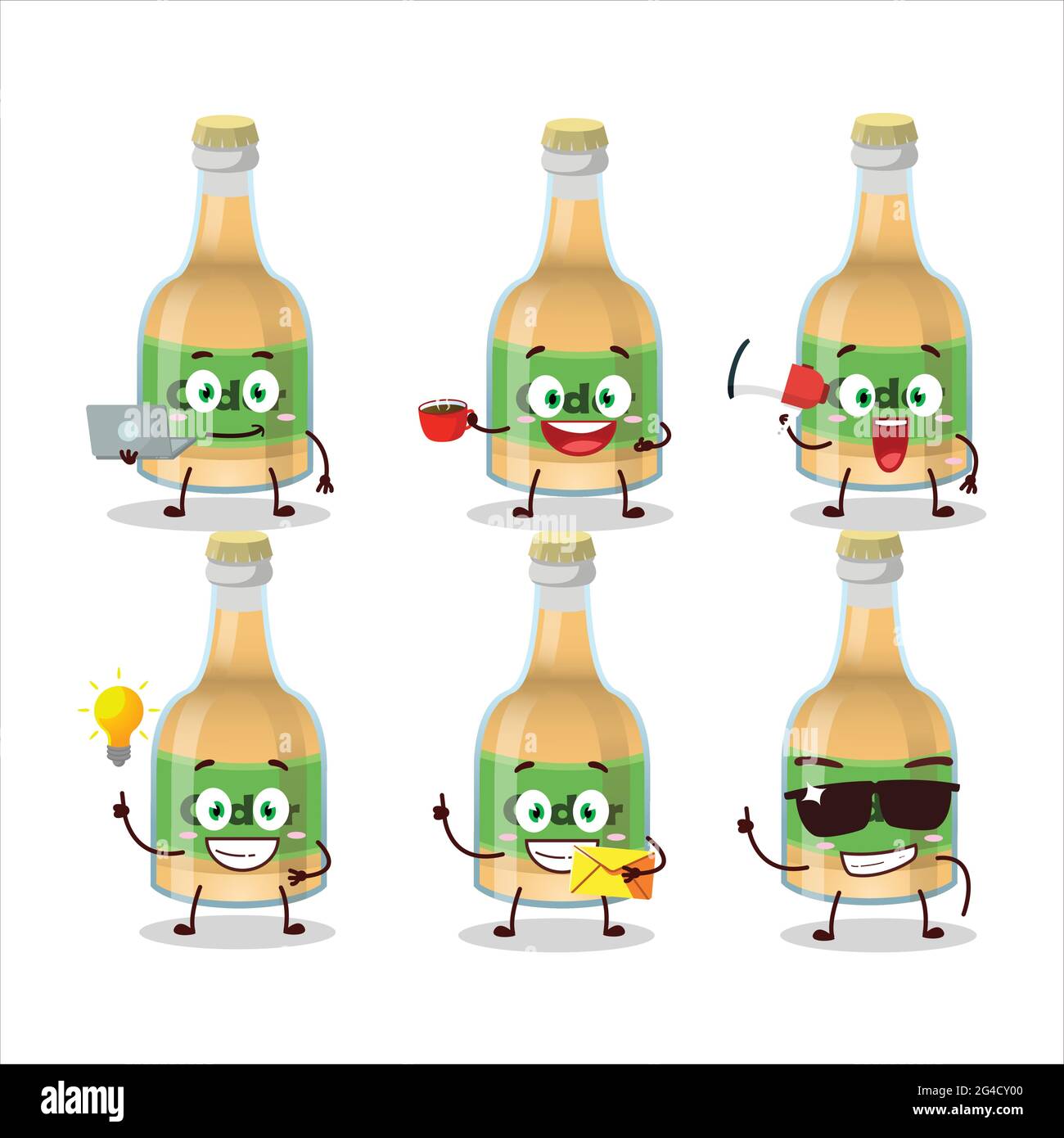 Cider bottle cartoon character with various types of business emoticons ...