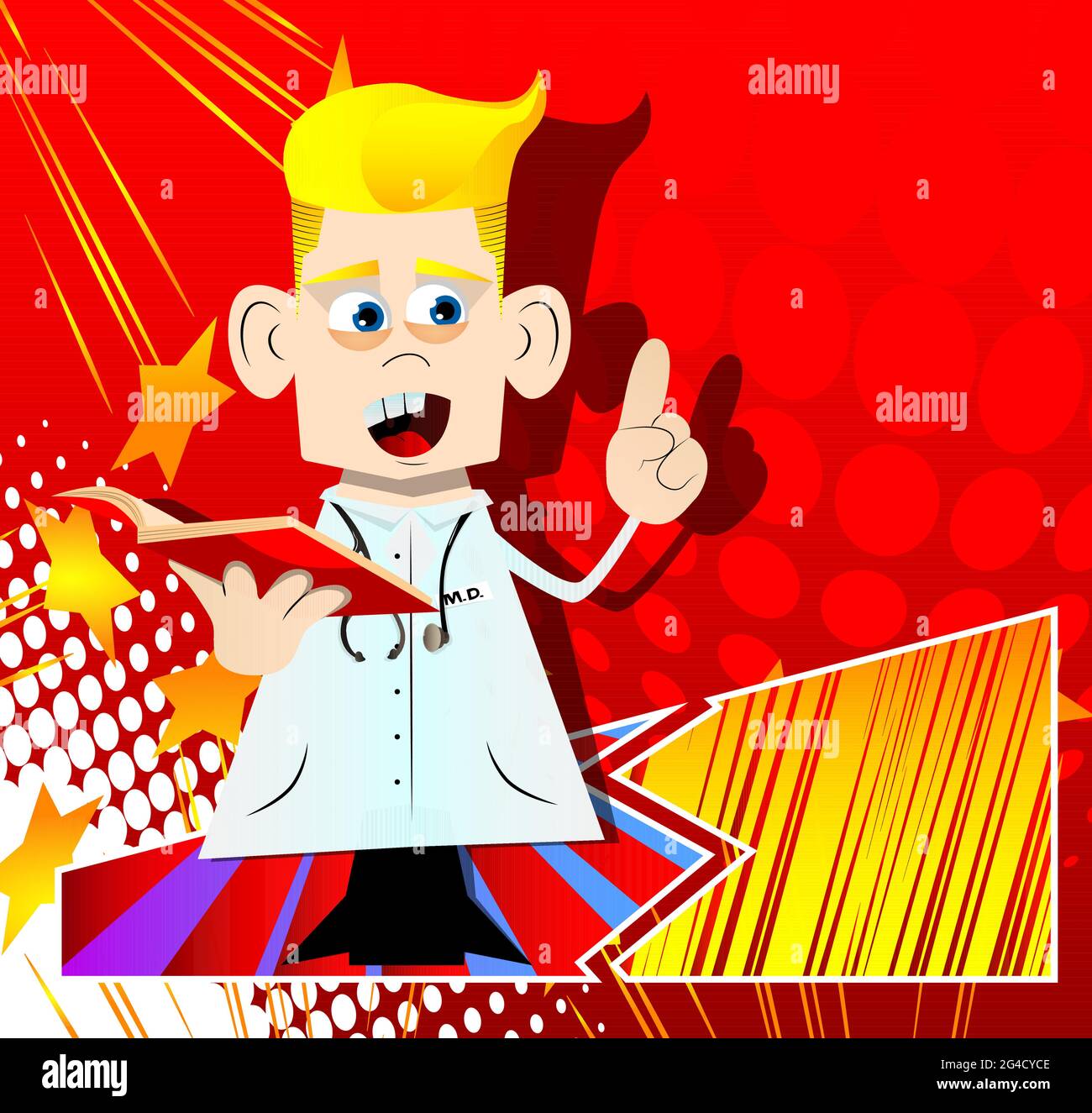 Funny cartoon doctor reading a red book and making a point. Vector ...