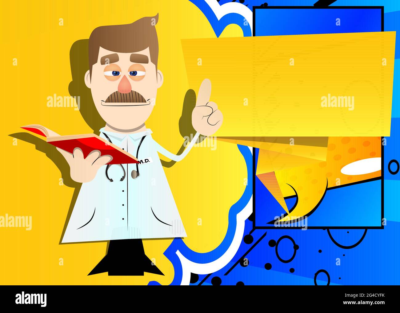 Funny cartoon doctor reading a red book and making a point. Vector ...