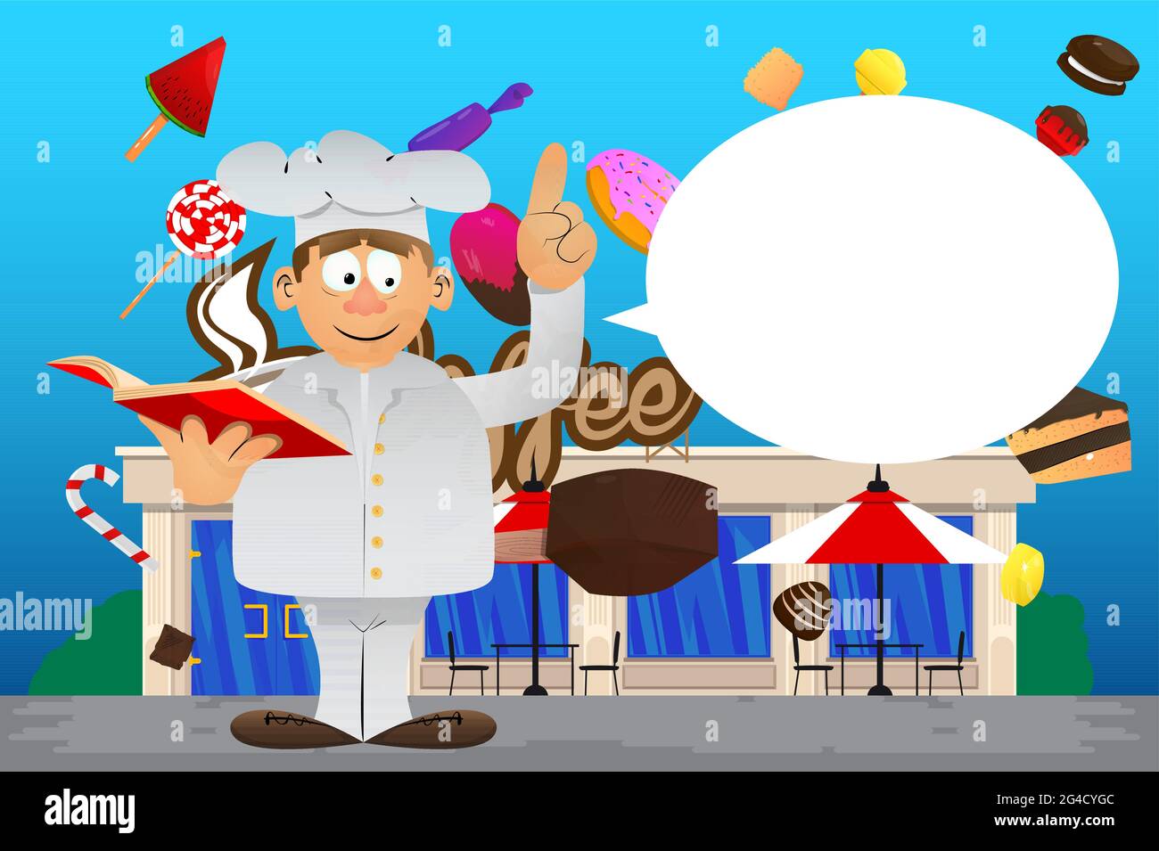 Fat male cartoon chef in uniform reading a red book and making a point ...