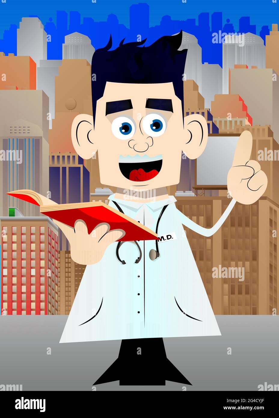 Funny cartoon doctor reading a red book and making a point. Vector ...