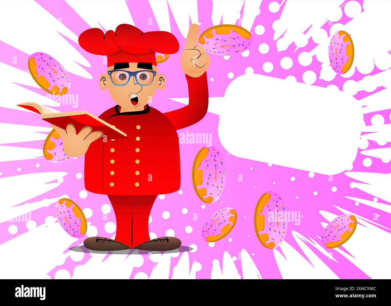 Fat male cartoon chef in uniform reading a red book and making a point ...