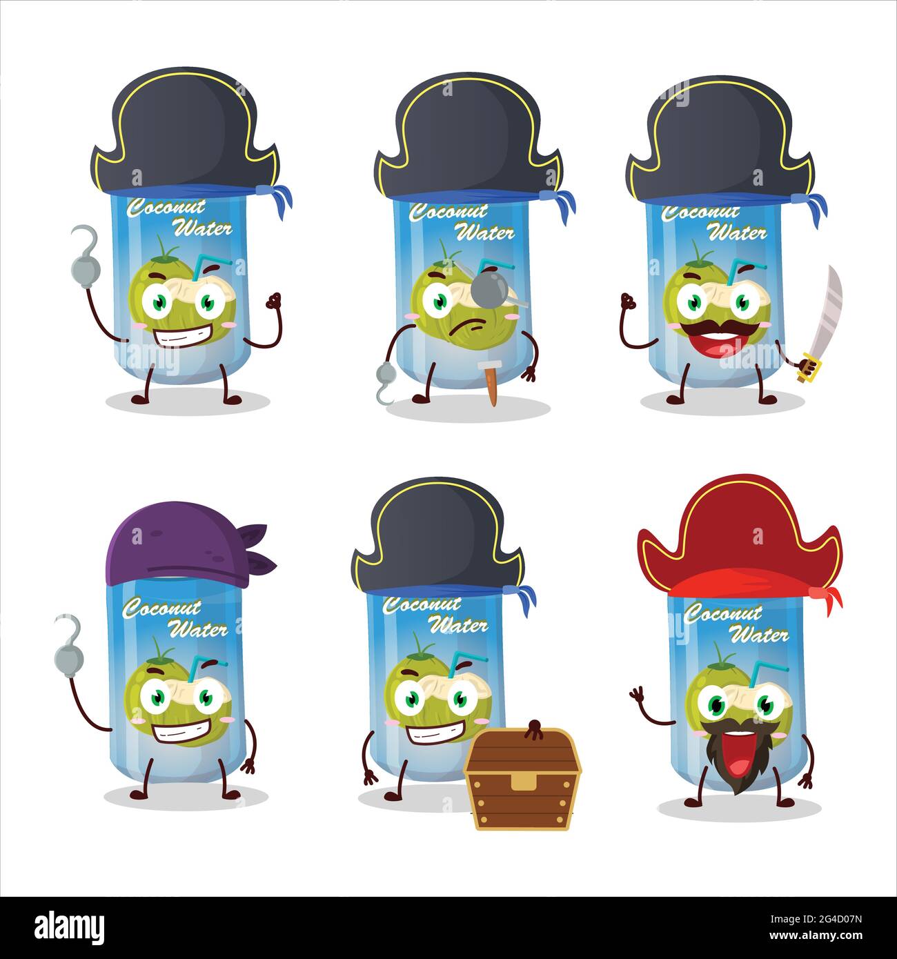 Cartoon character of coconut water can with various pirates emoticons ...