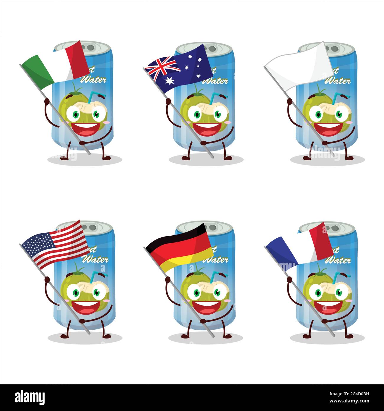 Coconut water can cartoon character bring the flags of various ...