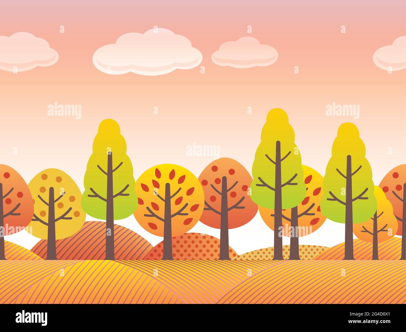 Seamless Autumn Countryside Landscape With Trees, Grassland, And Hills ...