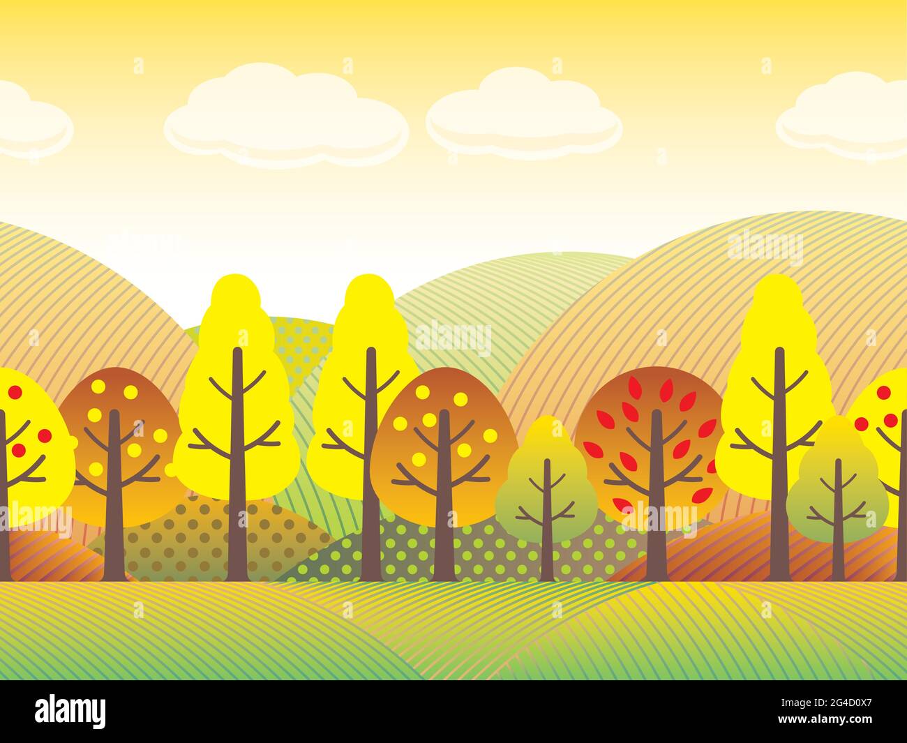 Seamless Autumn Countryside Landscape With Trees, Grassland, And Hills ...
