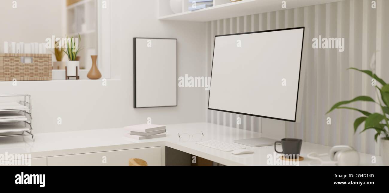 Minimal office room interior design with computer, supplies and ...