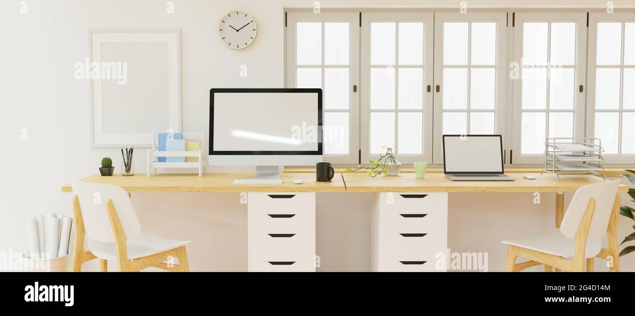 Office working space interior design with computer, laptop and supplies ...