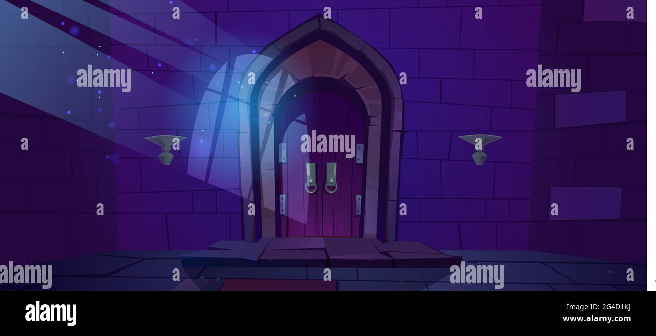 Dungeon, medieval castle night interior with moonlight fall on wood ...