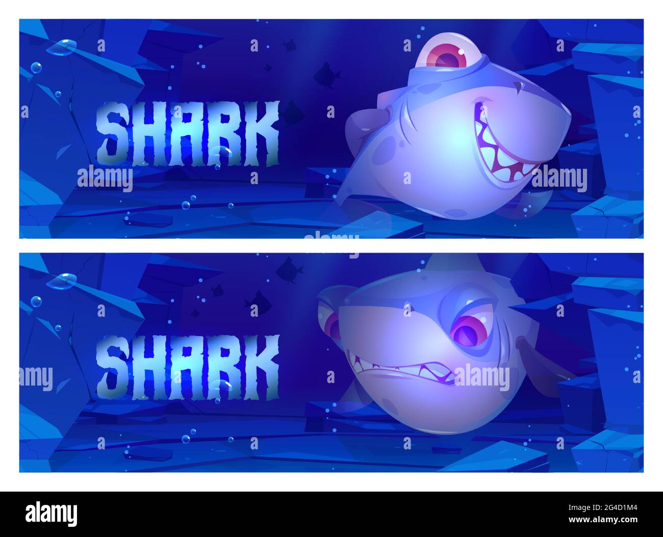Cartoon banners with shark on sea or ocean bottom with rocks around ...