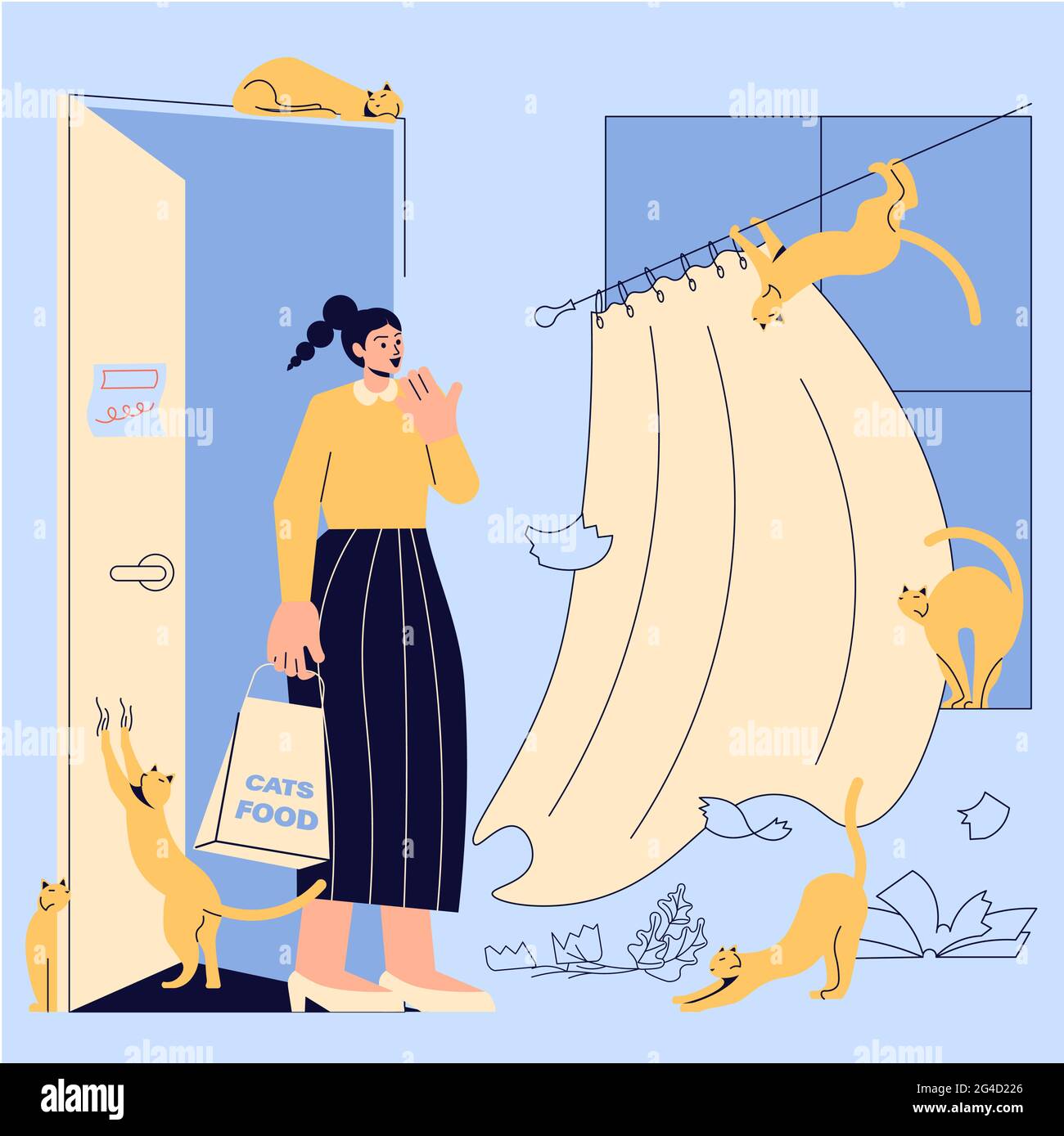 Cats made a chaos at home. Girl has returned home and sees a pets and ...