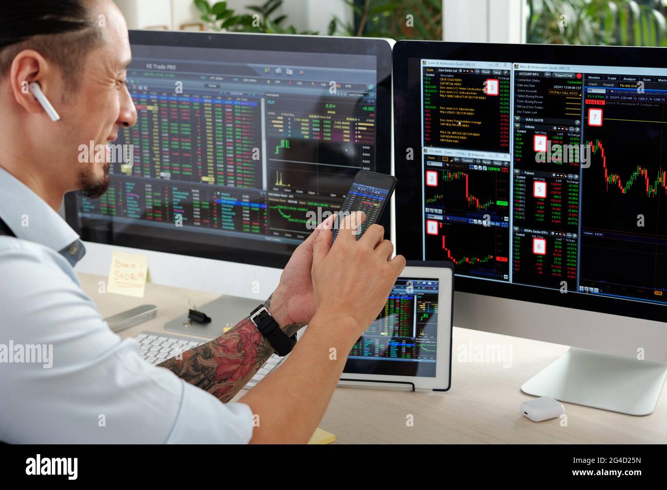 Positive Trader Analyzing Stock Market Data On Screens Of Computer