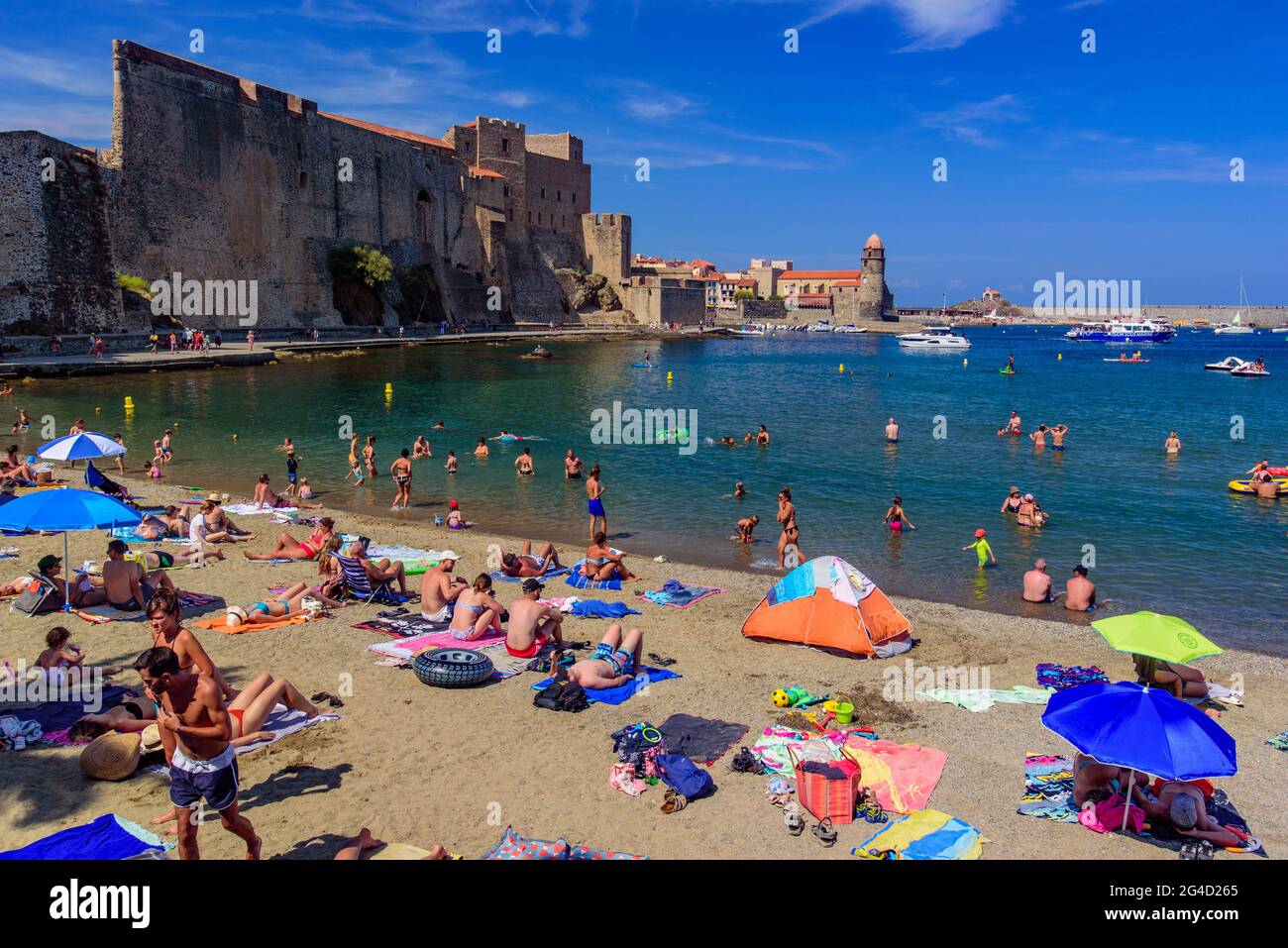 People having fun on the beach in summer in Collioure, France Stock ...