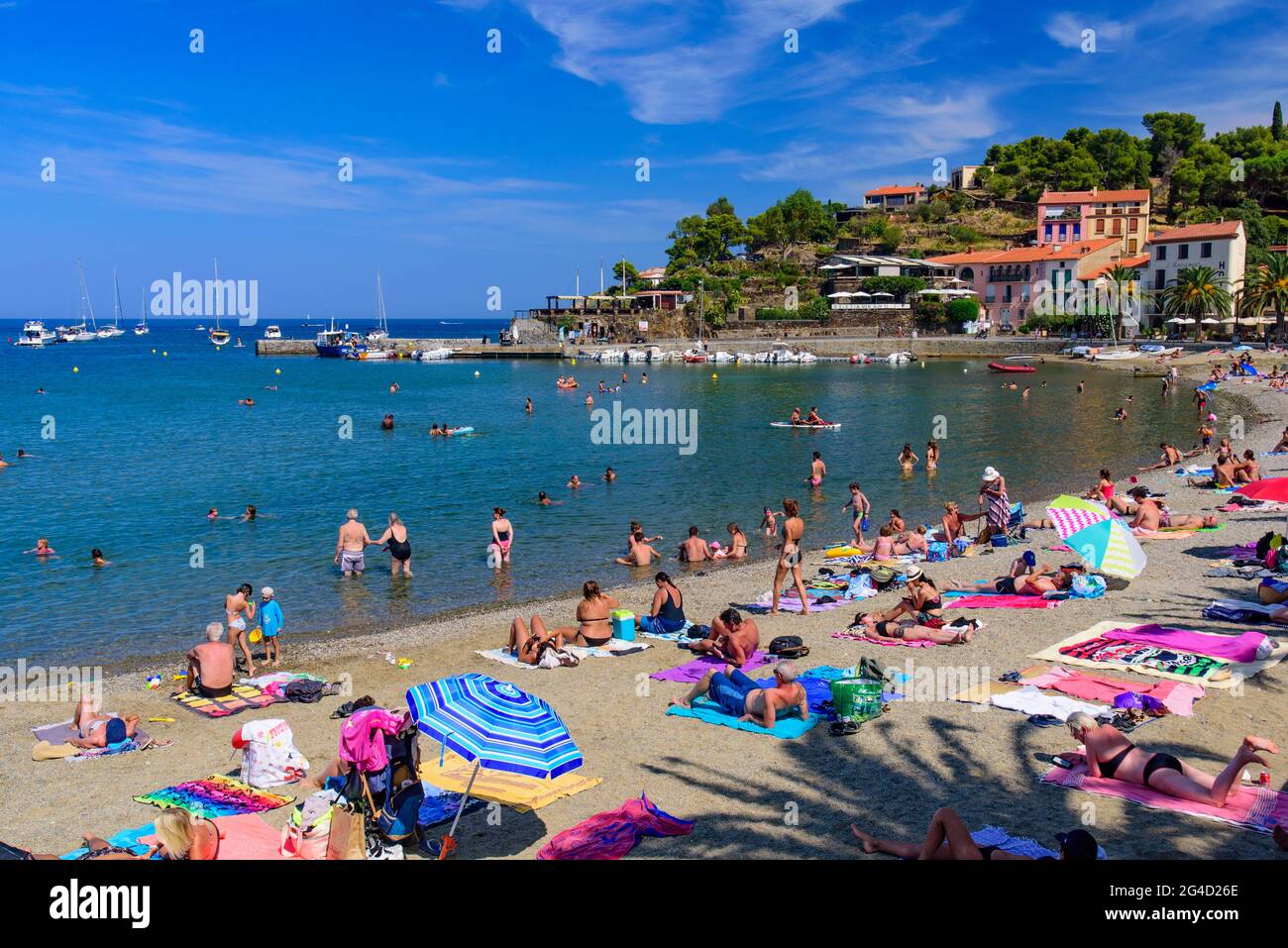 People having fun on the beach in summer in Collioure, France Stock ...