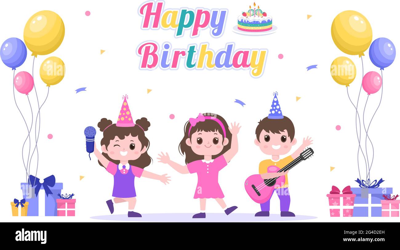 Happy Birthday Party Celebrating Illustration with Balloon, Hats ...