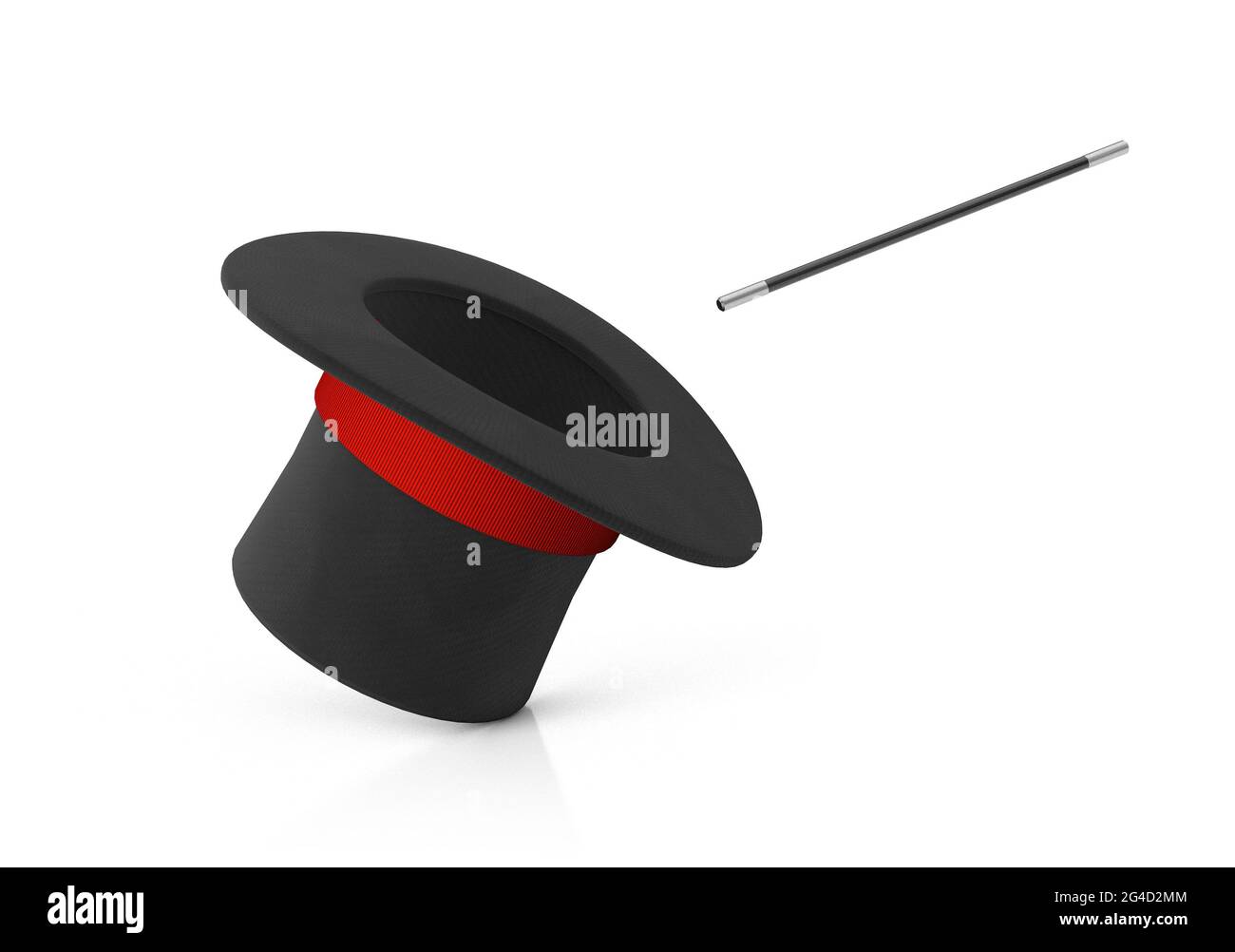 Magician hat. Black cylinder hat with a red ribbon and a magic wand ...
