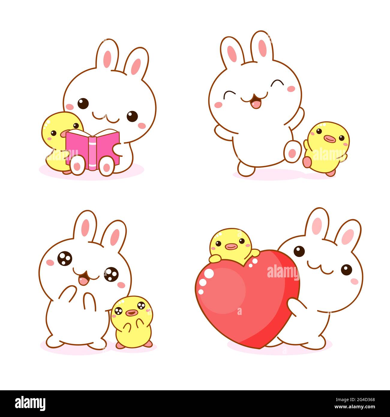 Set of kawaii bunny and duckling. Cute little duck and rabbit friends ...