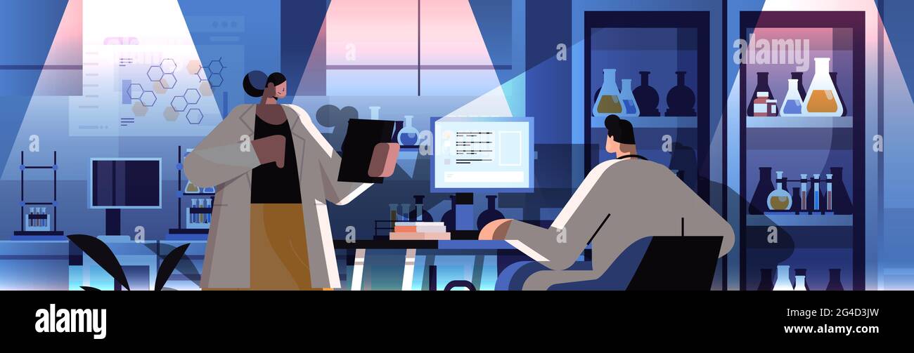 researchers team working on computer and making chemical experiments in ...