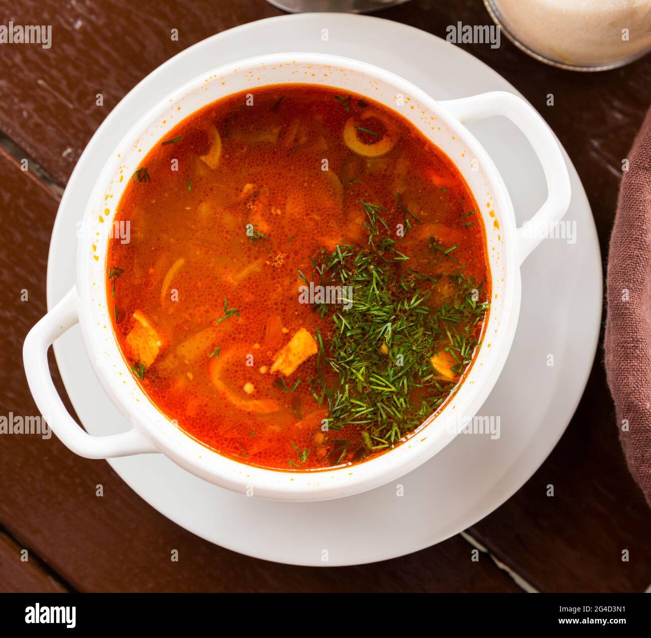Russian cuisine - solyanka soup with various ingredients Stock Photo ...
