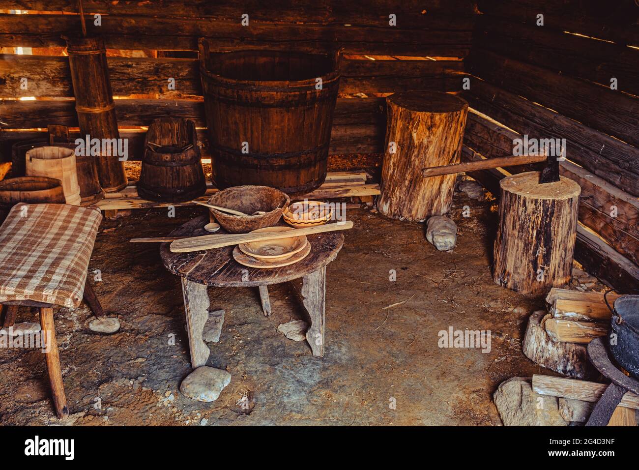 Traditional Romanian folk house interior with rural furniture and ...
