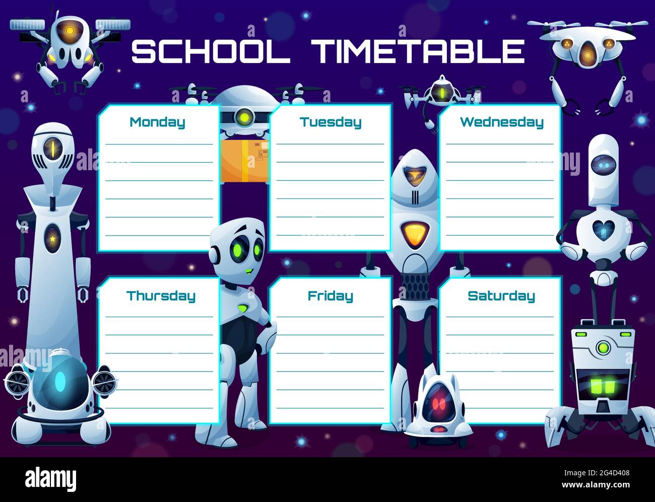 Humanoid robots and androids school timetable vector template. Weekly ...