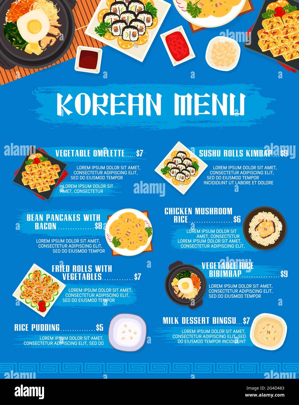 Korean cuisine vector menu template vegetable rice bibimbap, chicken ...