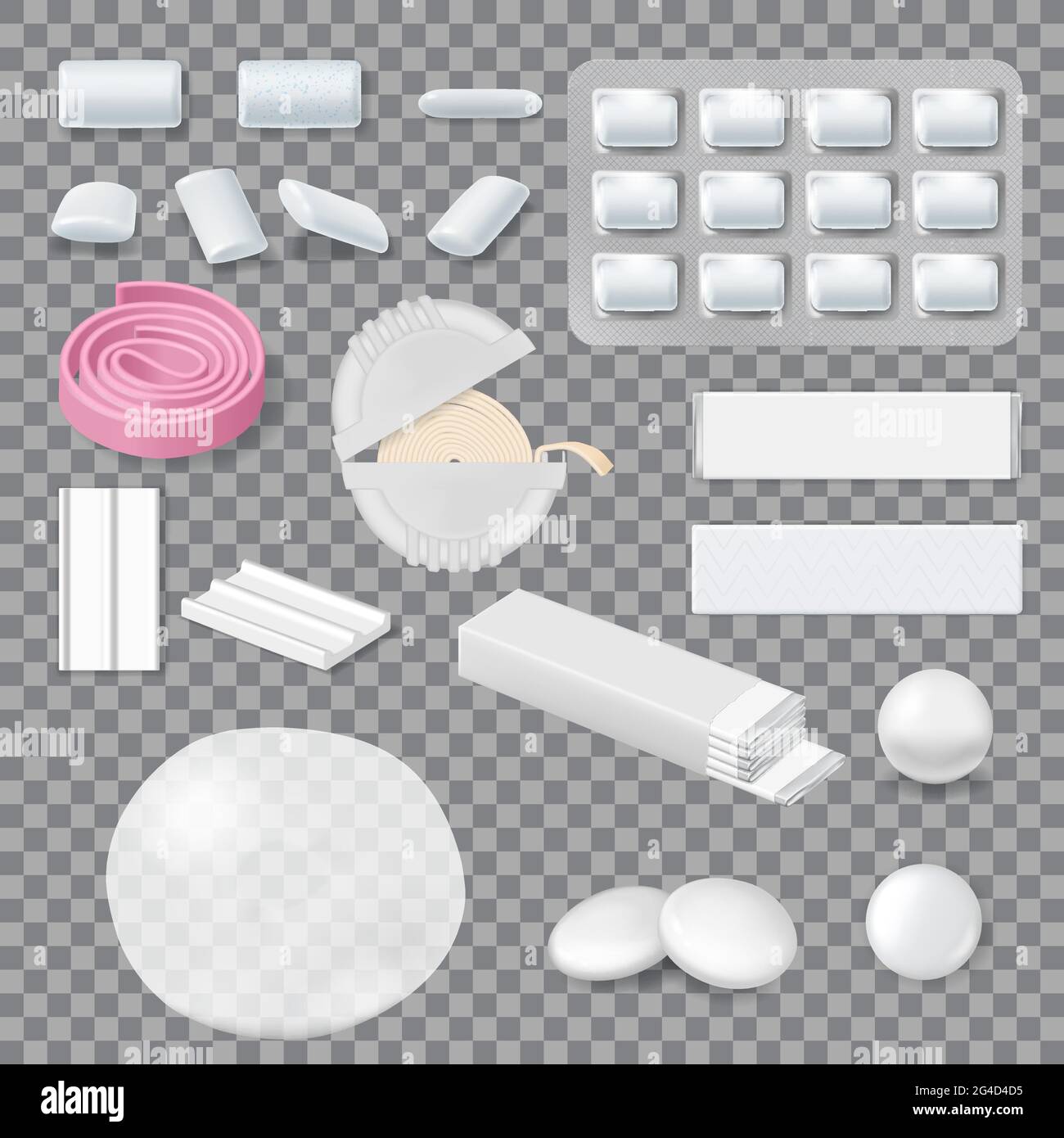 Chewing gum mockups, stripes, tablets in blister pack and roll in ...