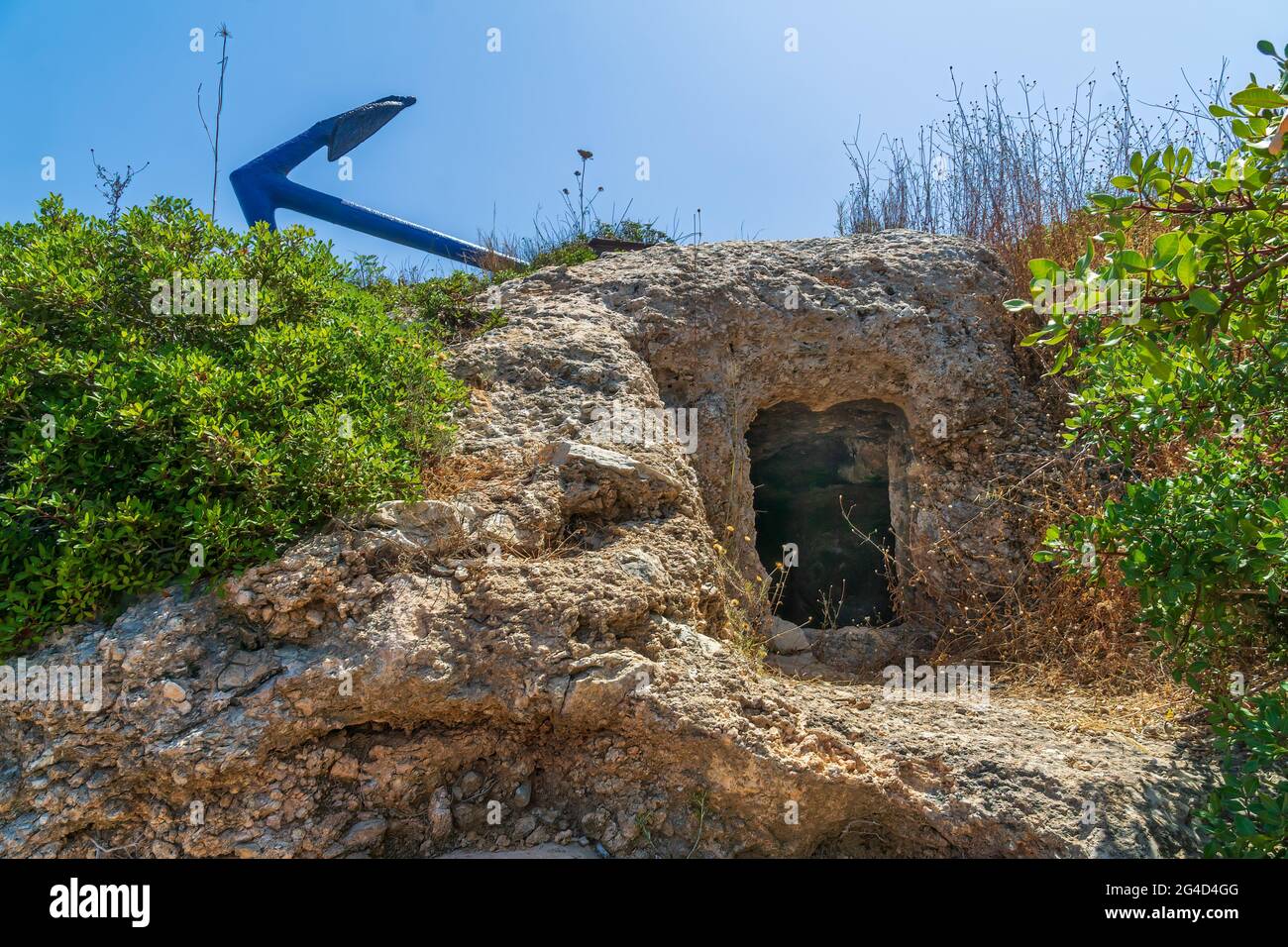 View of ancient Byzantine era burial caves, and an old Anchor, in Ein ...