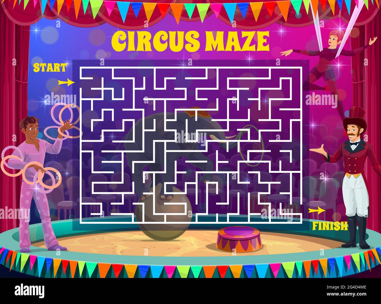 Labyrinth maze game on shapito circus vector background. Kids education ...