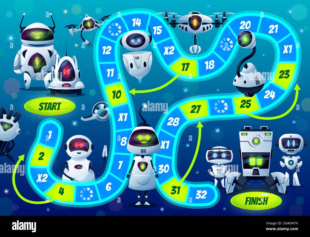 Kids boardgame with robots and droids, vector step board game with cute ...