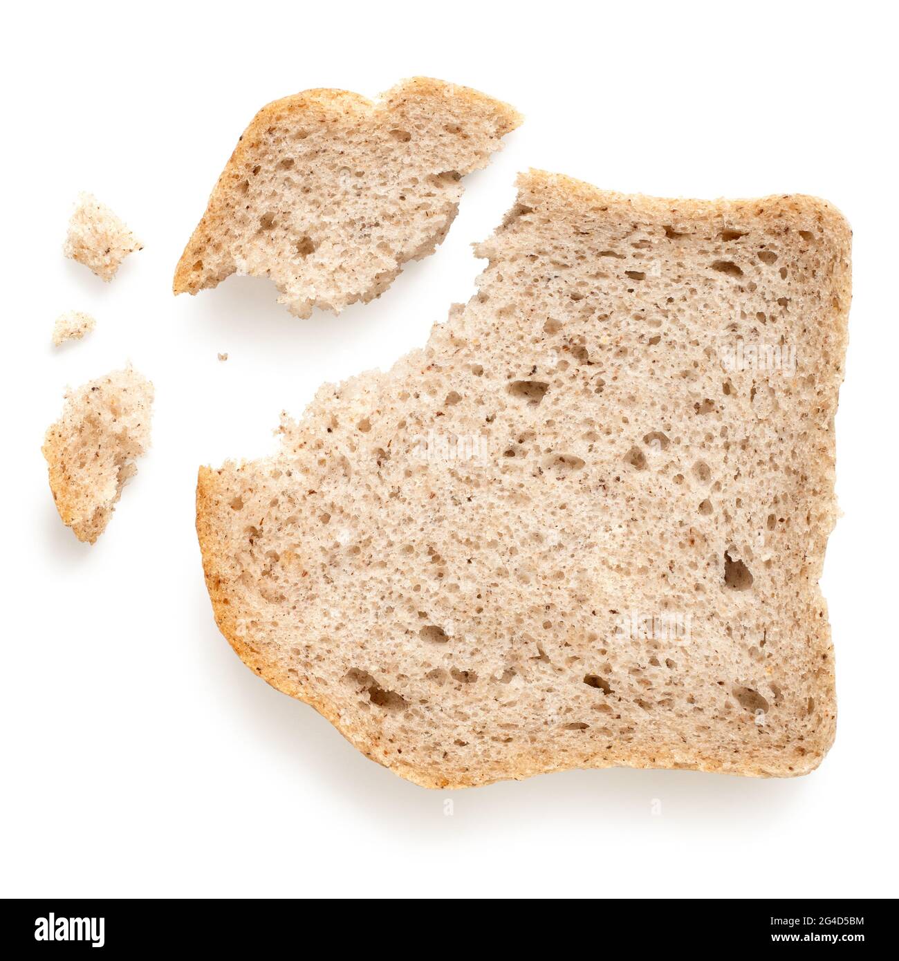 Broken slice of gluten free whole grain bread isolated on white. Top ...