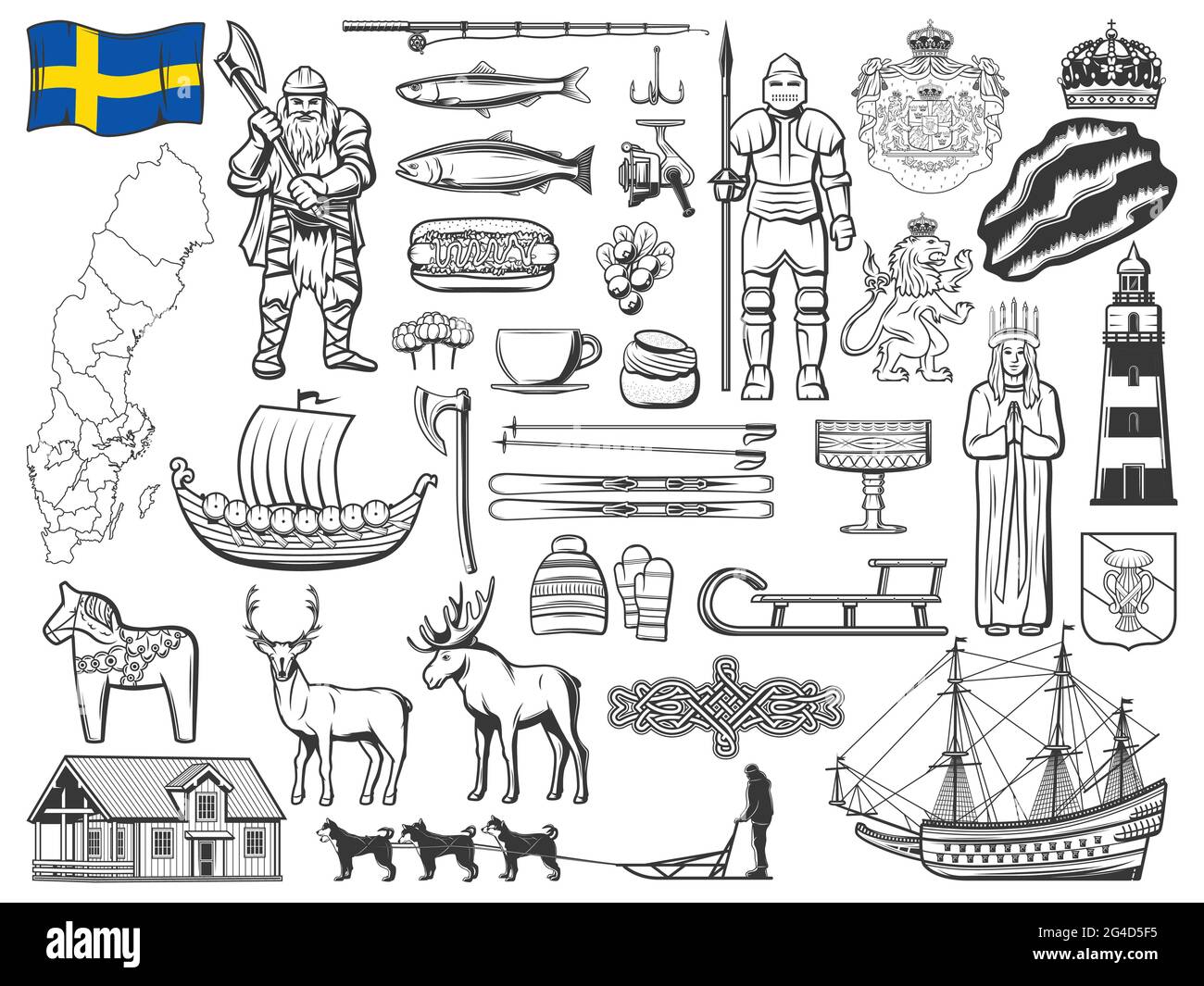 Sweden history, nature and culture symbols vector icons. Sweden flag ...
