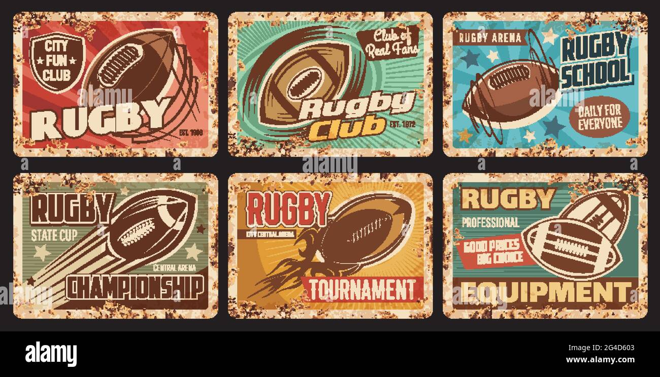 Rugby sport rusty metal plate, city tournament or championship, sport ...