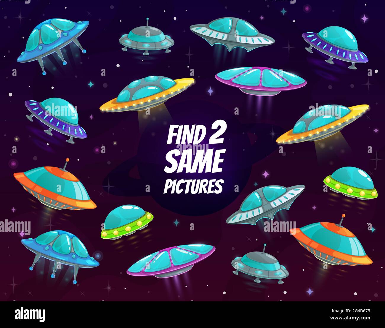Find two same spaceships in space vector kids game, riddle with ufo ...