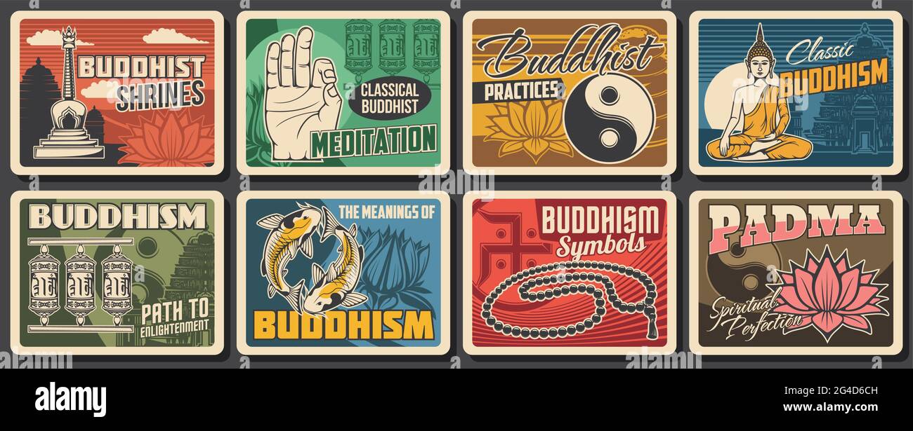 Buddhism religion and meditation symbols of vector lotus flower, Buddha ...