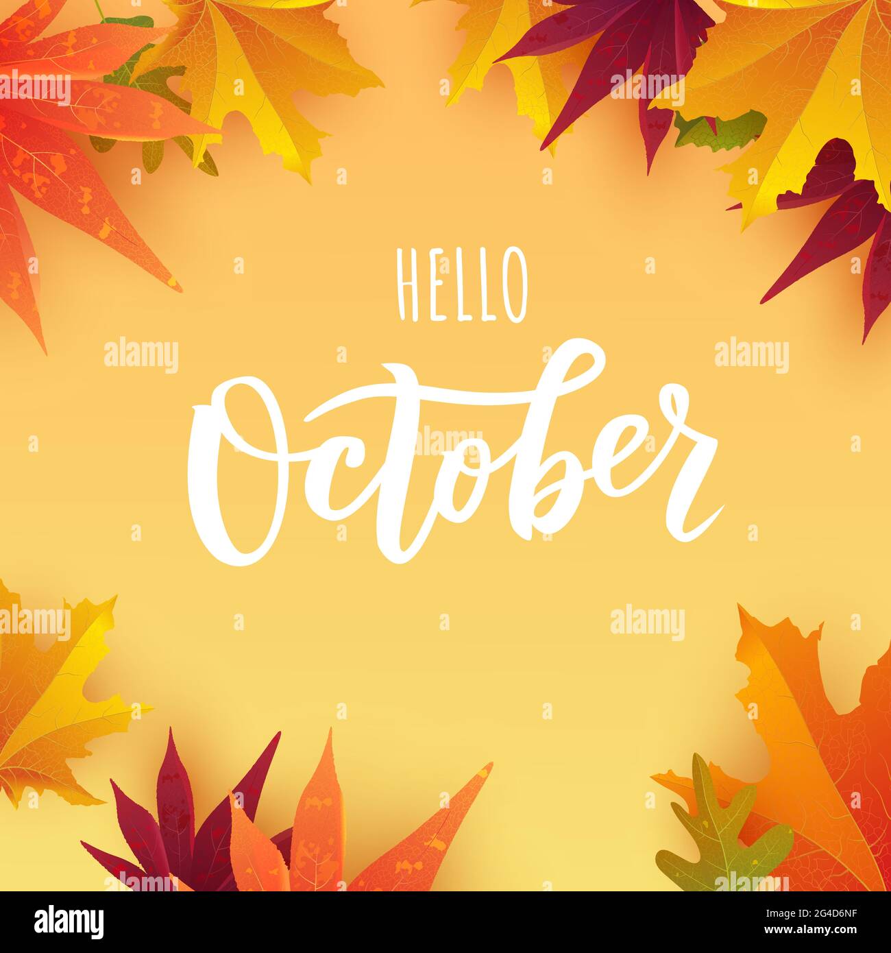 October. Hand lettering typography with autumn leaves. Vector Stock ...