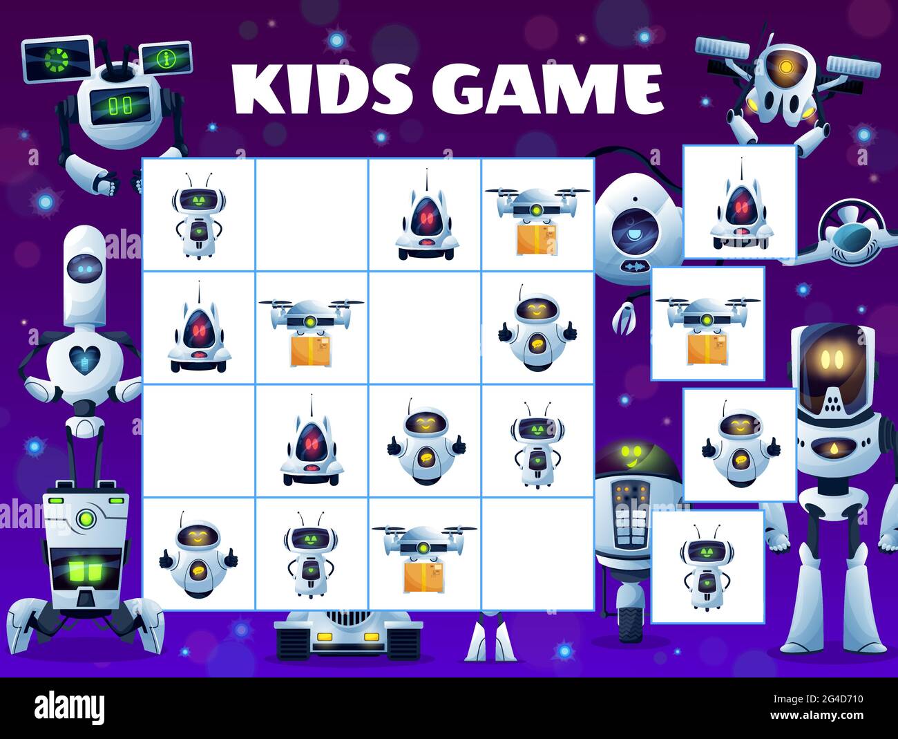 Sudoku kids game block puzzle with vector robots and droid drones ...