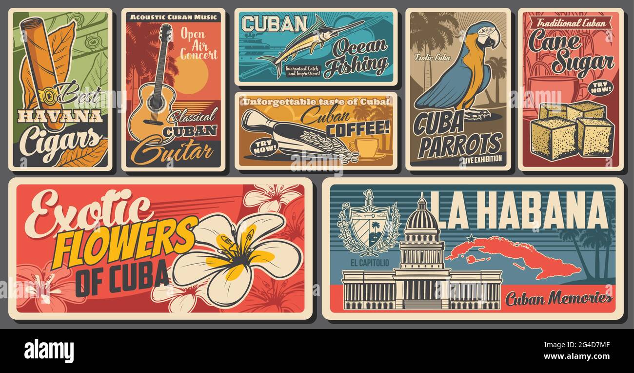 Cuba travel retro banners set, vector mariposa flower. Cuban, guitar ...