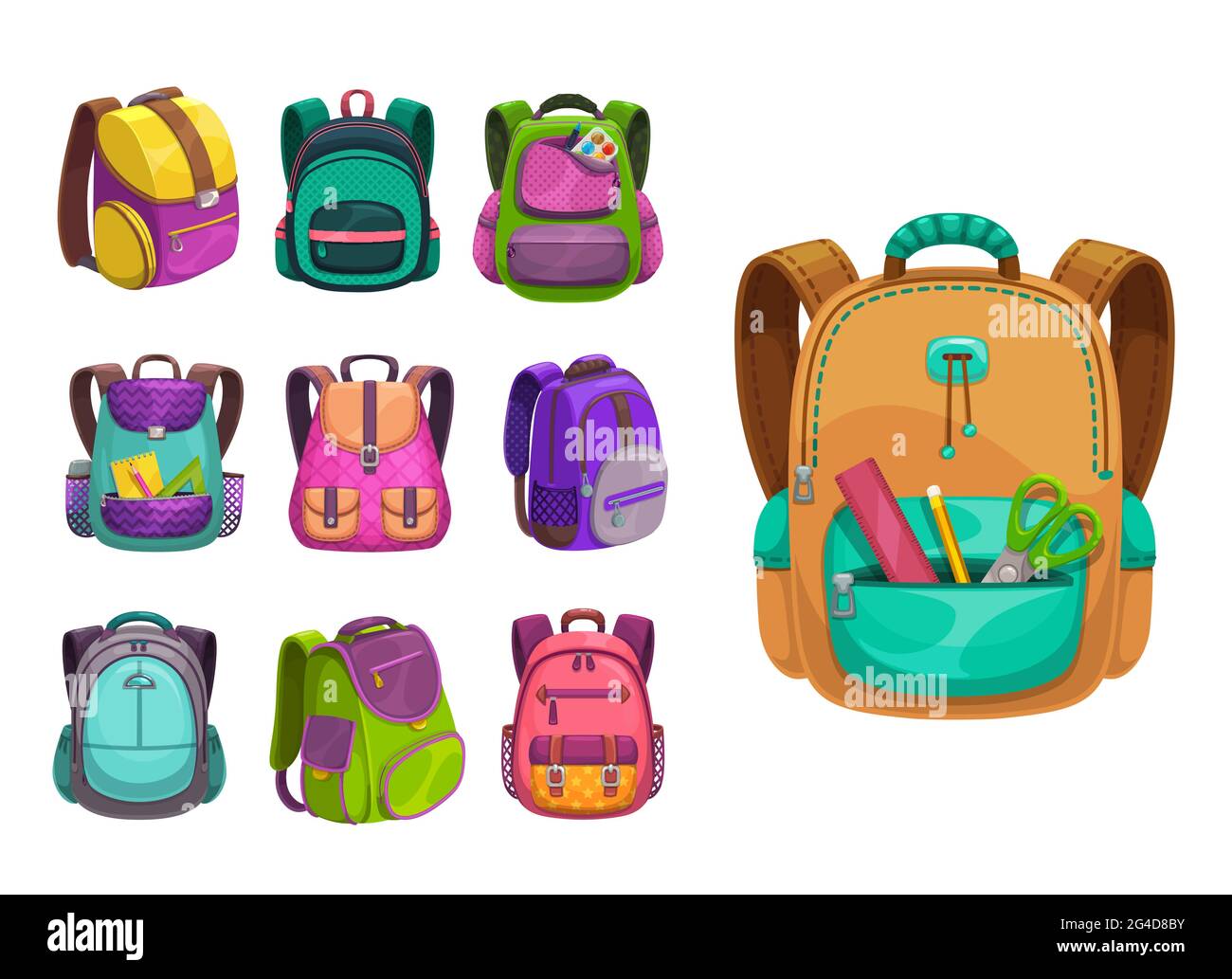 Cartoon vector schoolbags icons, kids school bags of bright colors ...