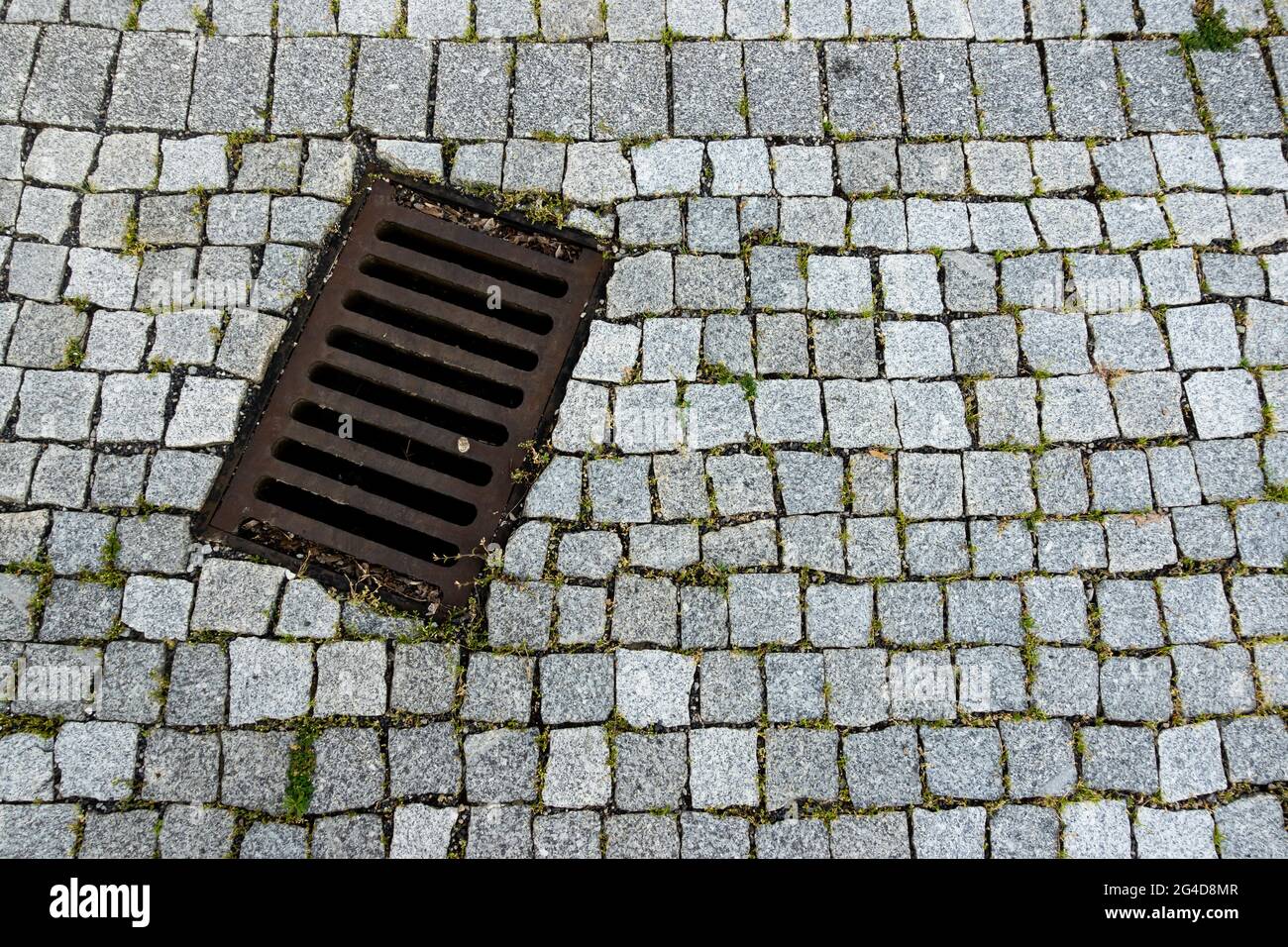 Cast iron storm drain on a street paved with granite stone. Photo taken ...