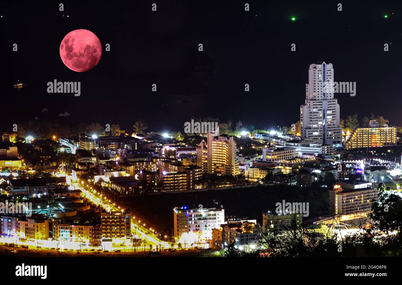 Night panorama view of Patong beach Phuket Thailand. Beautiful lights ...