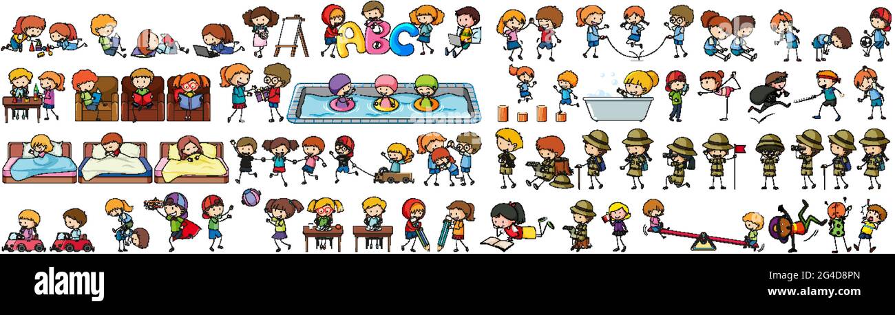 Set of different doodle kids cartoon character illustration Stock ...