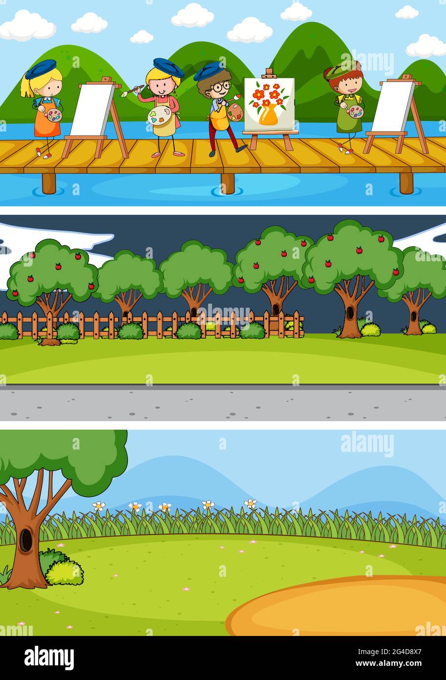 Set of different horizontal scenes background with doodle kids cartoon ...