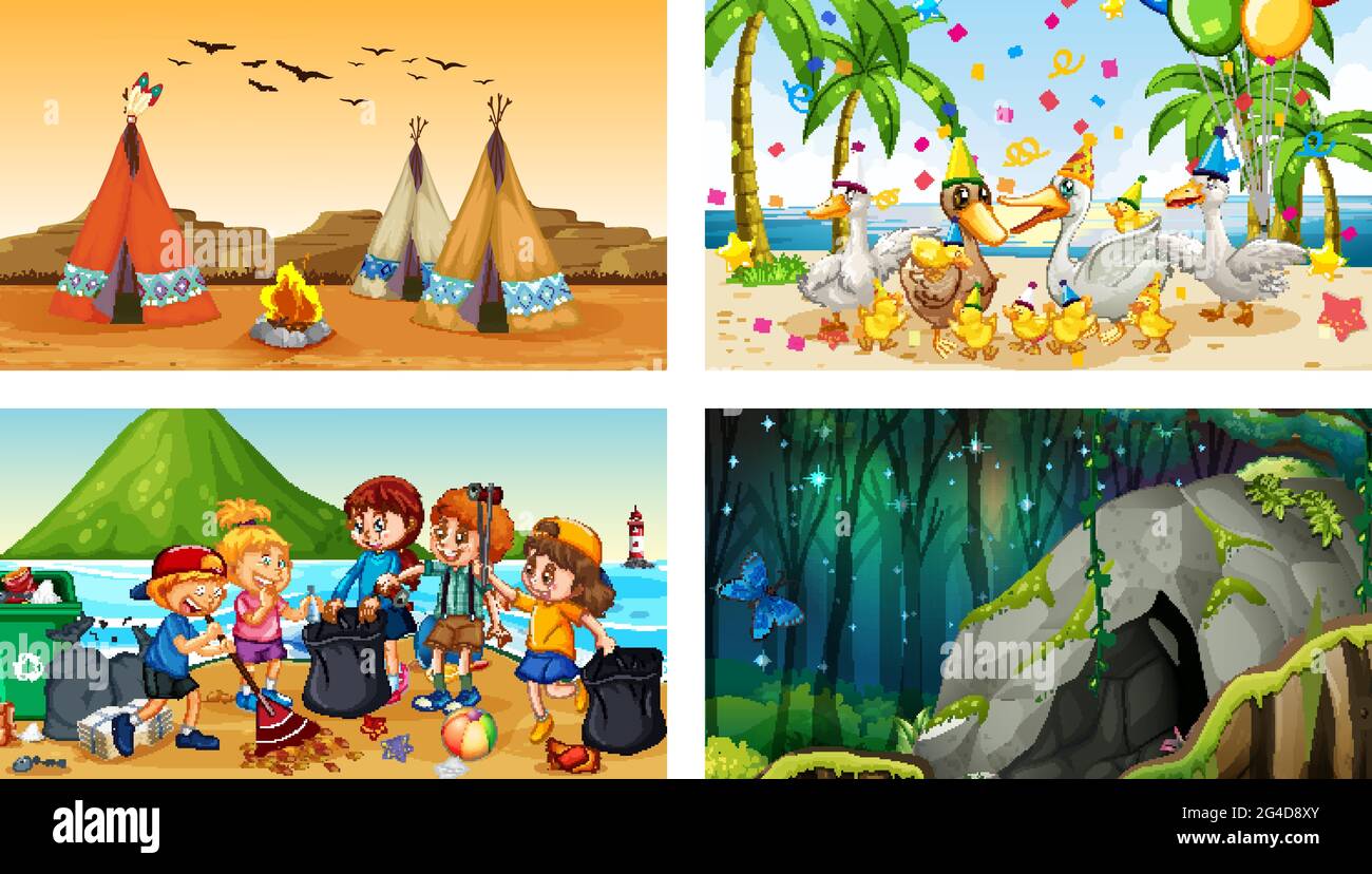 Four different scenes with children cartoon character illustration ...
