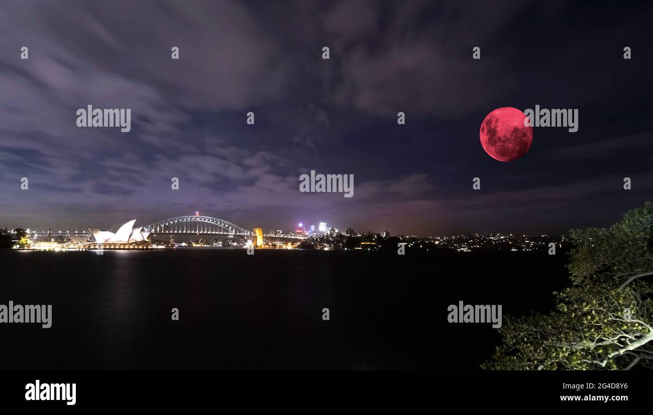 Panorama night view of Sydney Harbour and City Skyline of circular quay ...