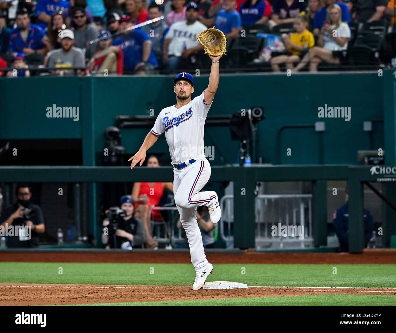 June 19th, 2021: TTexas Rangers first baseman Nate Lowe (30) leaps up ...