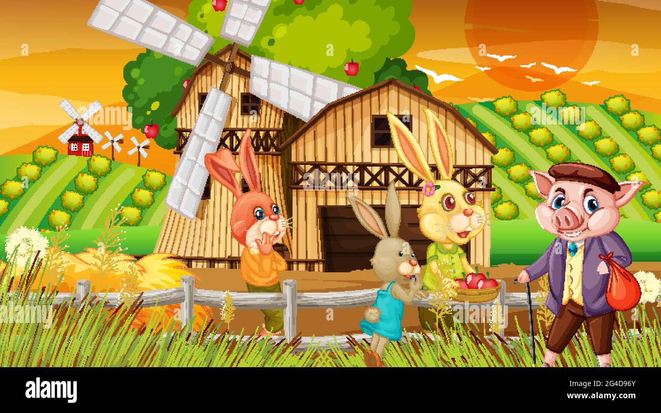 Cartoon Sunset On Farm