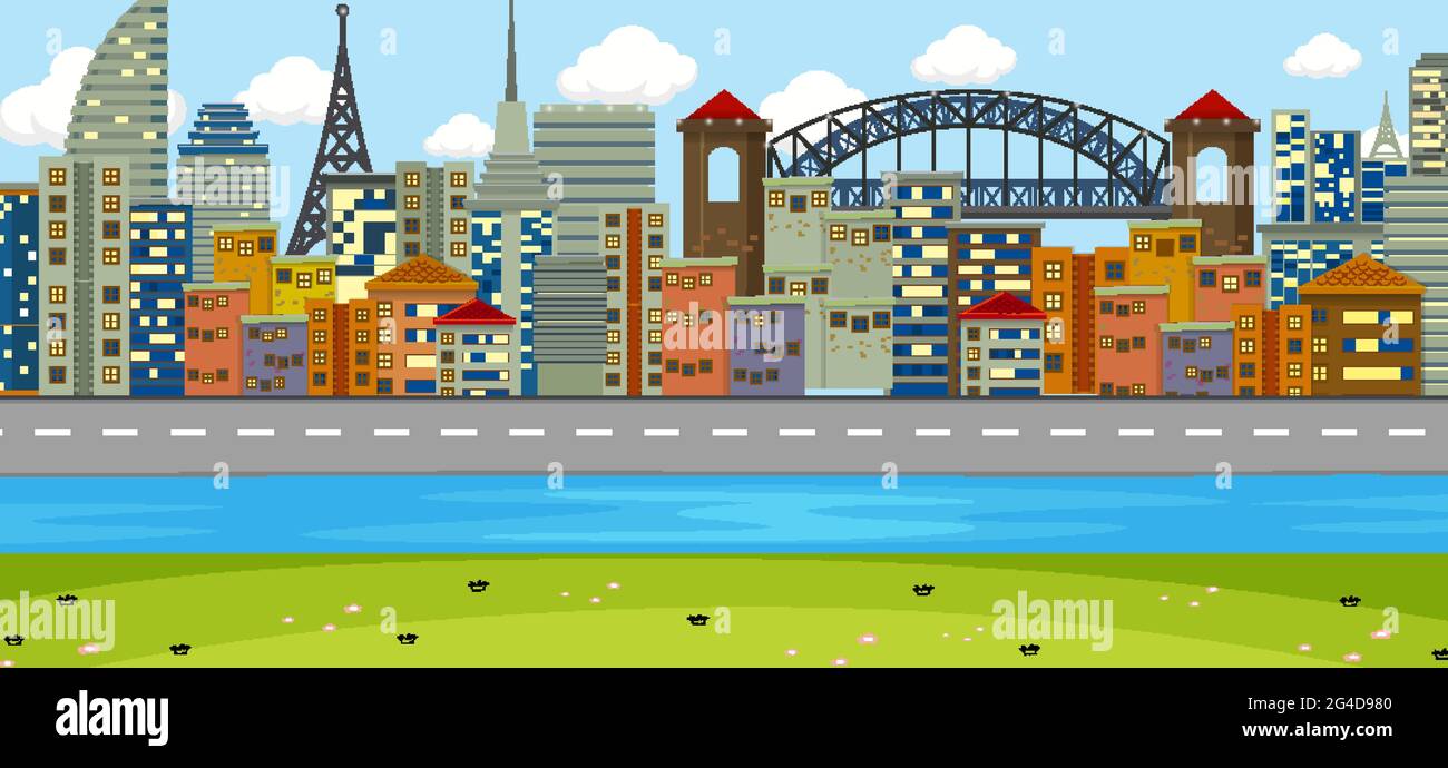 Horizontal scene with river and cityscape background illustration Stock ...