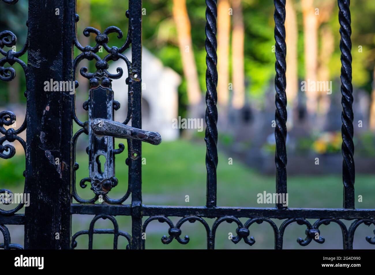 Steel handle of a forged steel gate the cemetery. Picture taken in a ...